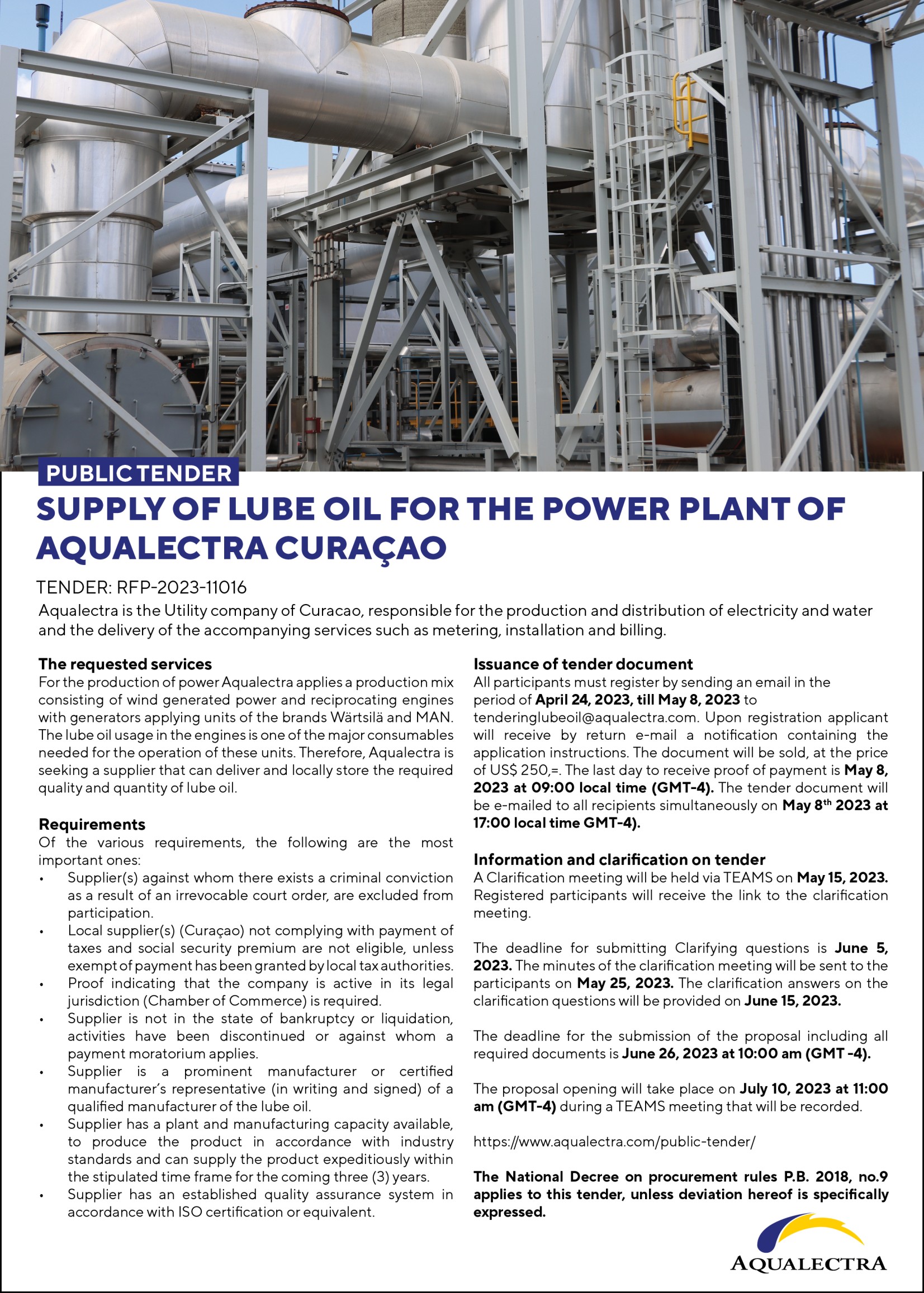 Aqualectra – Supply of Lube Oil for the Power Plant of Aqualectra ...